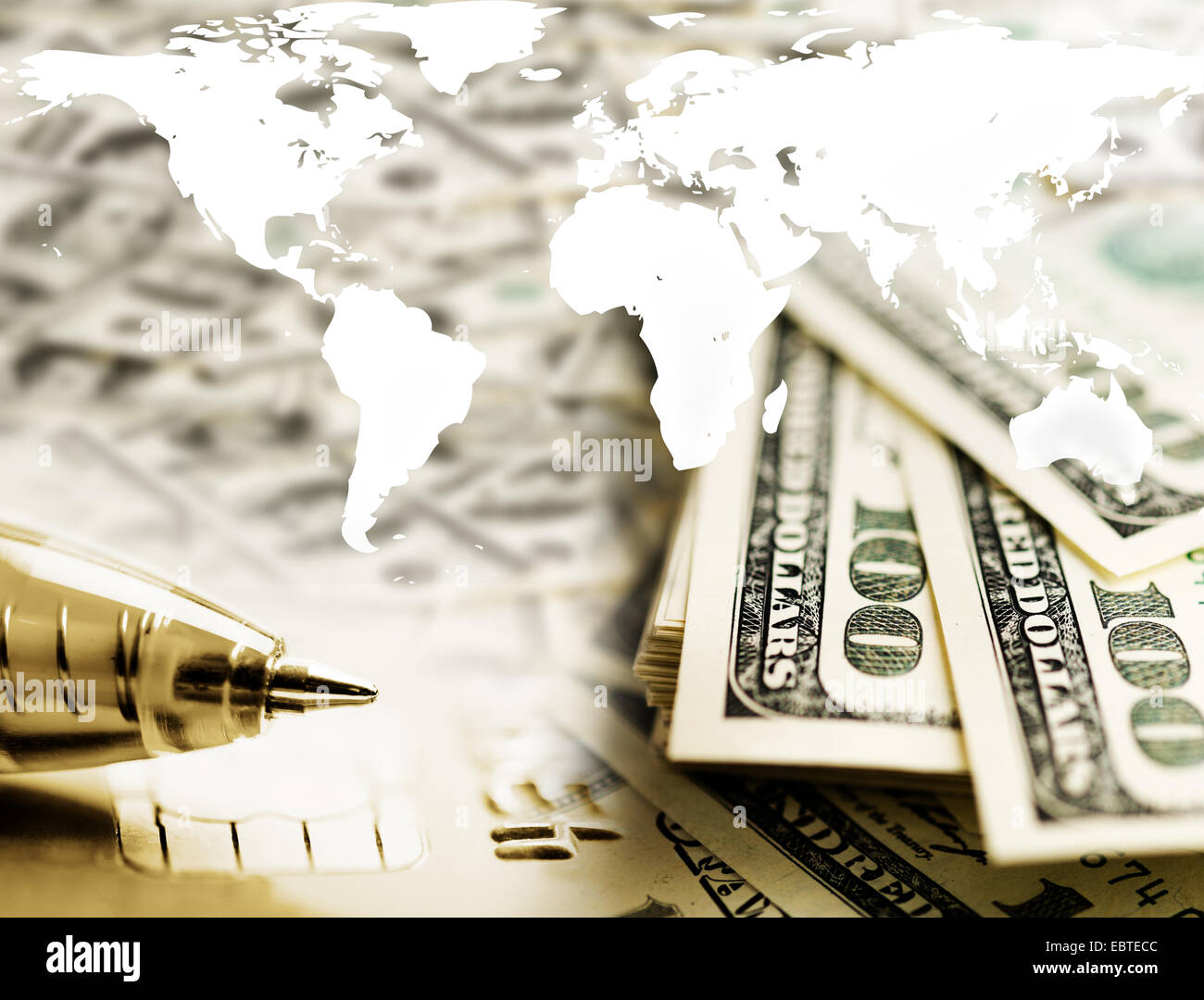 Arrière-plan de financement avec des dollars et la carte du monde ...