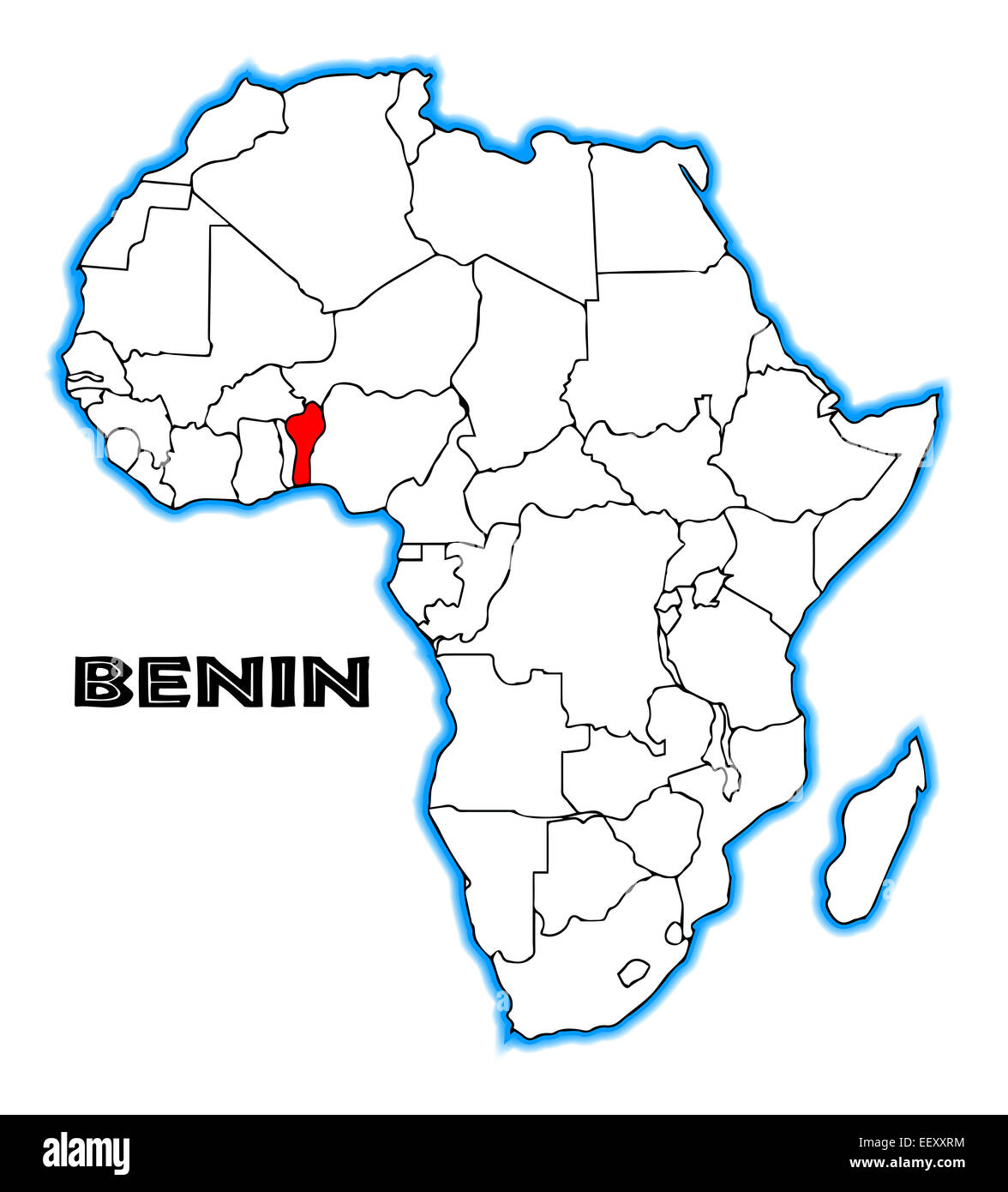 Bénin contours insérés dans une carte de l'Afrique sur un fond blanc ...