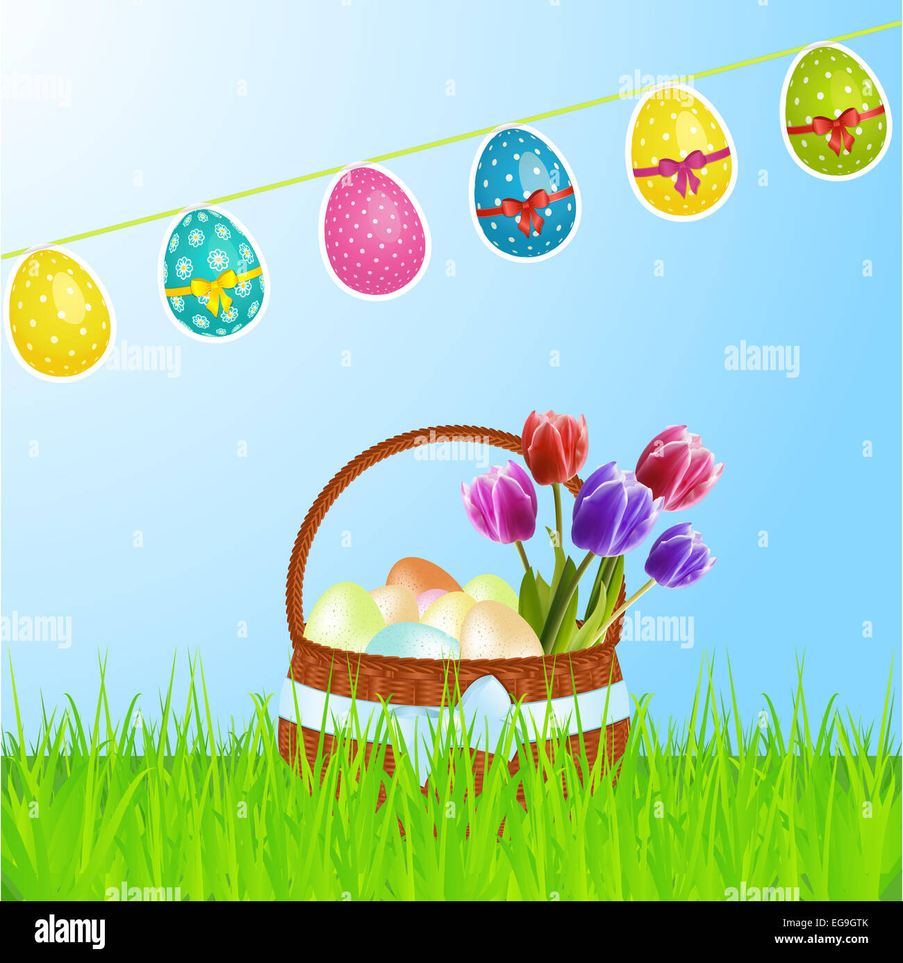 Les Œufs de pâques avec panier Tulipes et banderoles à l'arrière-plan ...