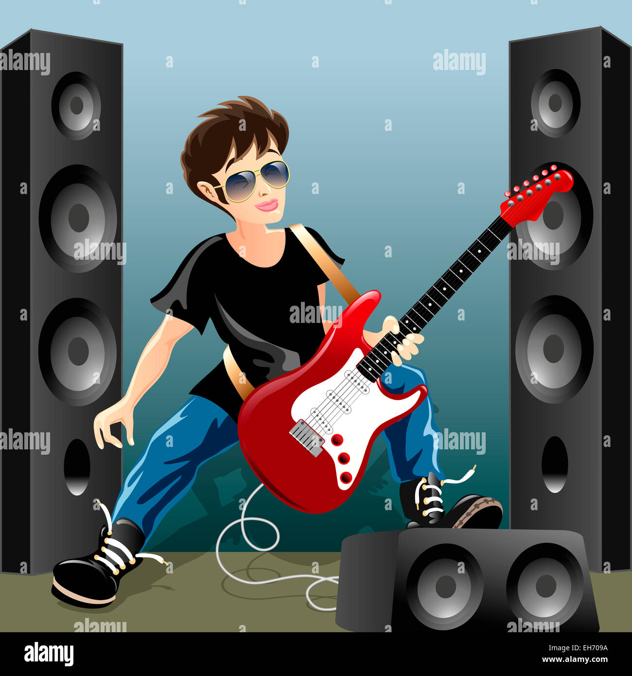 Illustration drôle avec jeune guitariste rock au cours de répétition ...