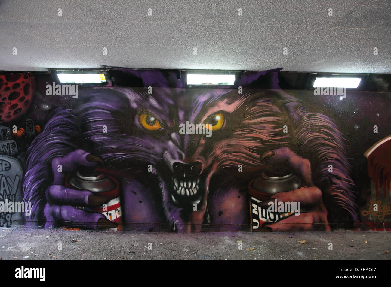 L'art du graffiti, montrant un grand sourire de loup violet, sur le mur ...