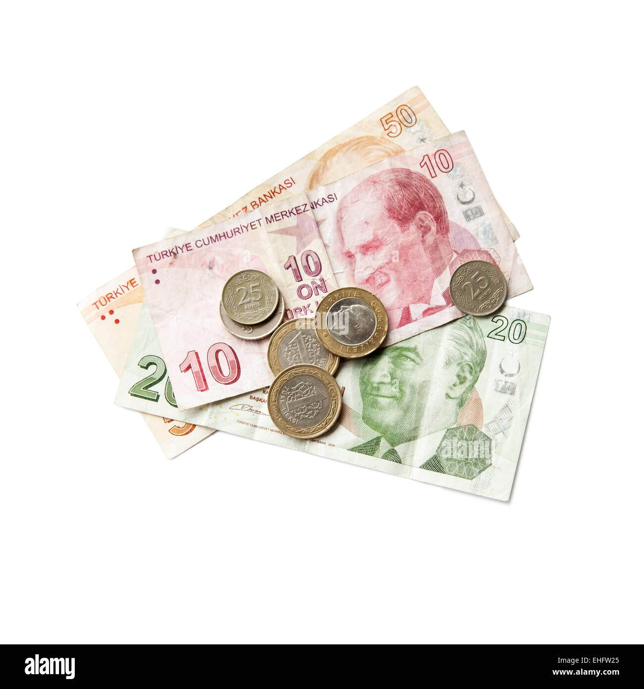 Les différents billets et pièces. De l'argent turc isolé sur fond blanc ...