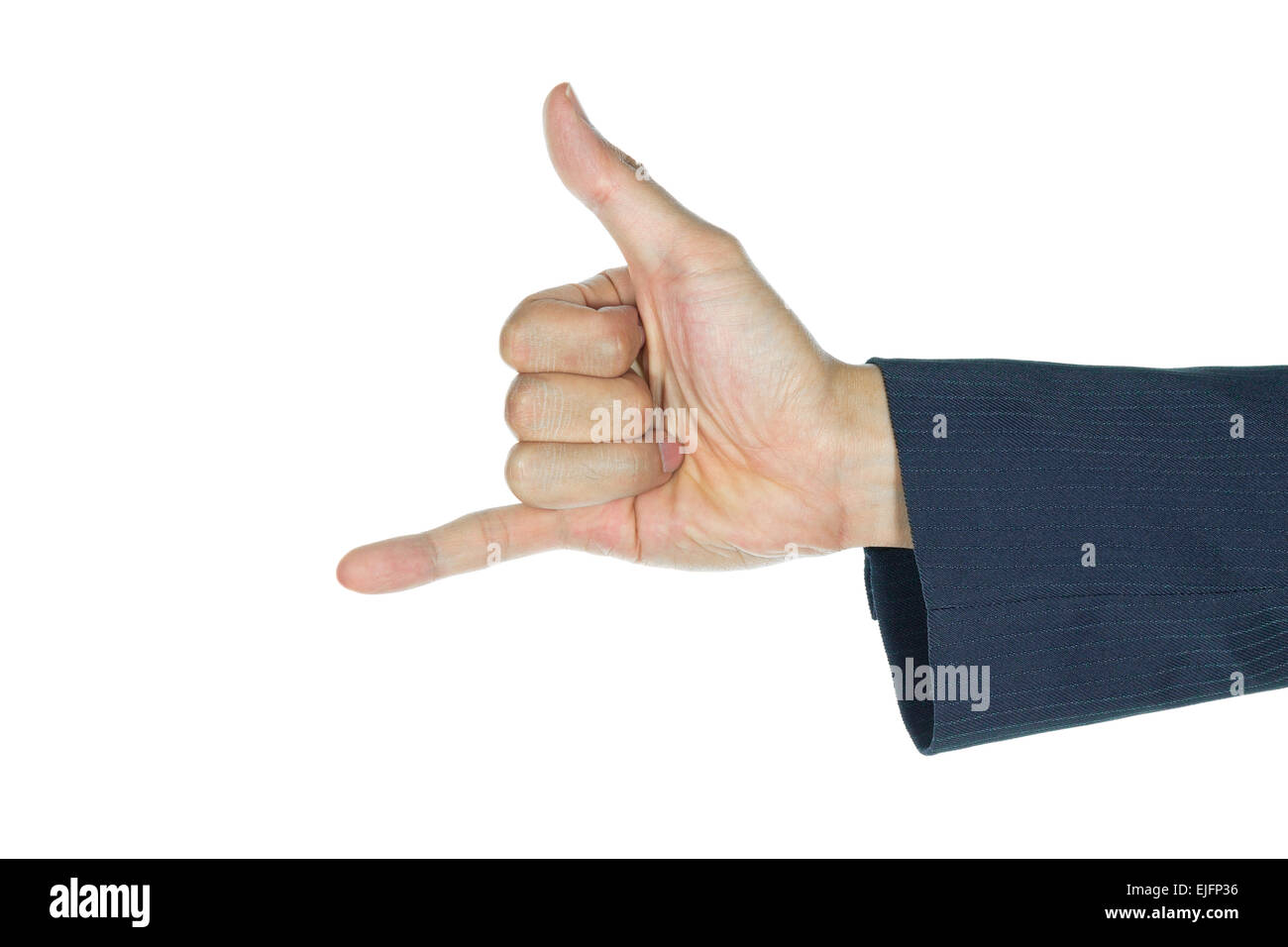 Horn signe de businessman sur fond blanc. Man show pouce et petit doigt ...