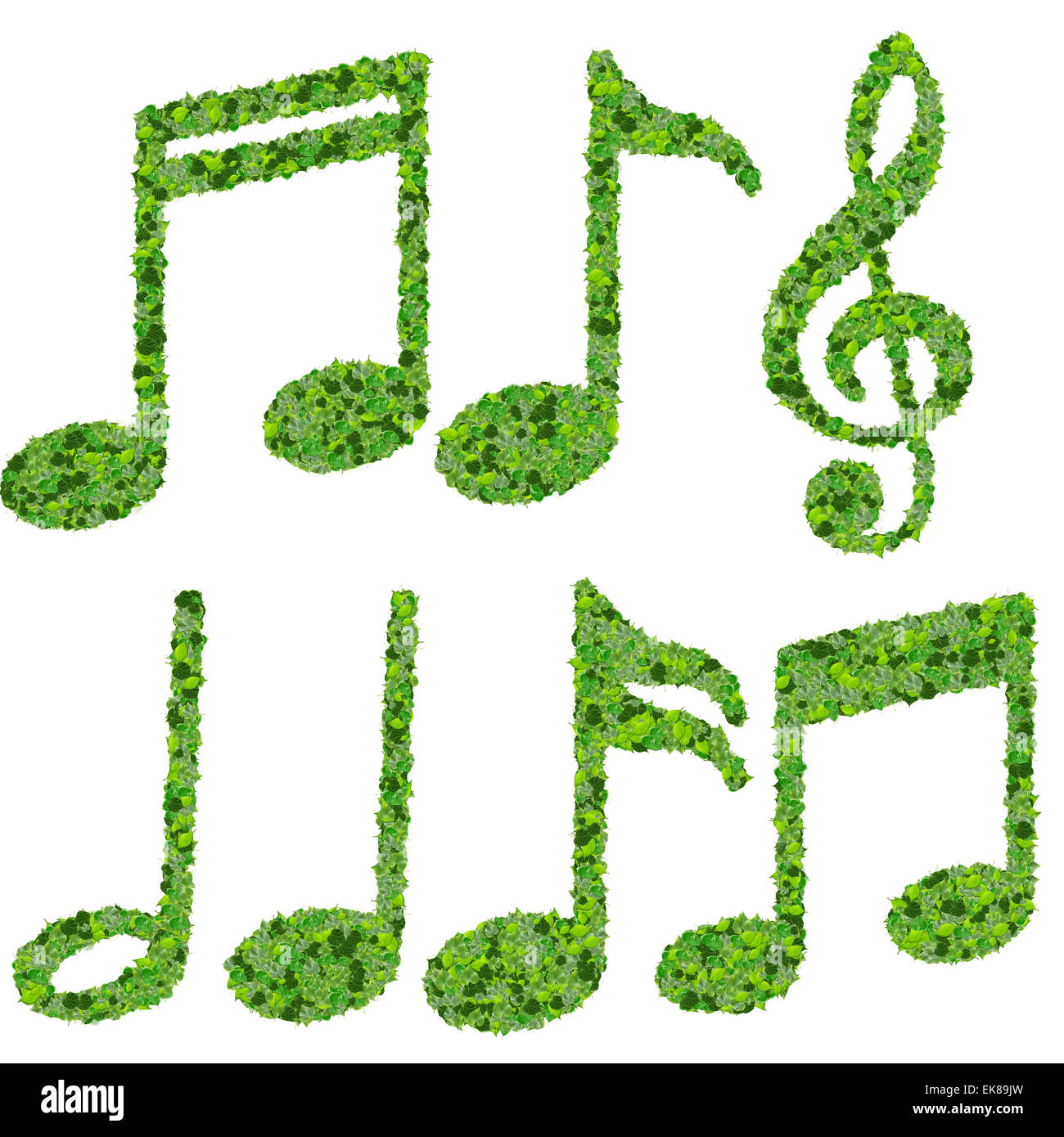 Des notes de musique, symbole fabriqués à partir de feuilles vert isolé ...