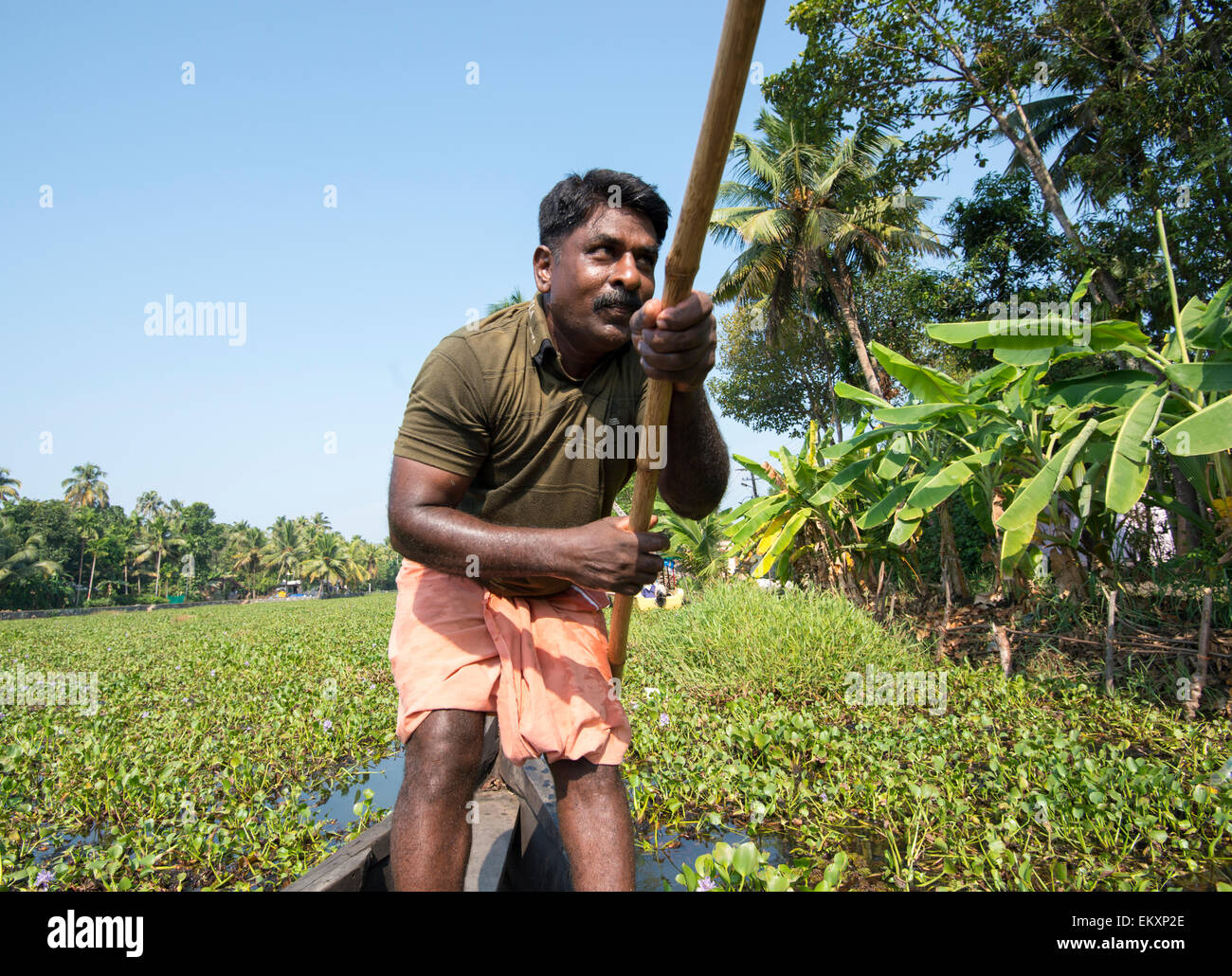 Un indien lignes un canoë de touristes à travers le calme Backwaters du ...