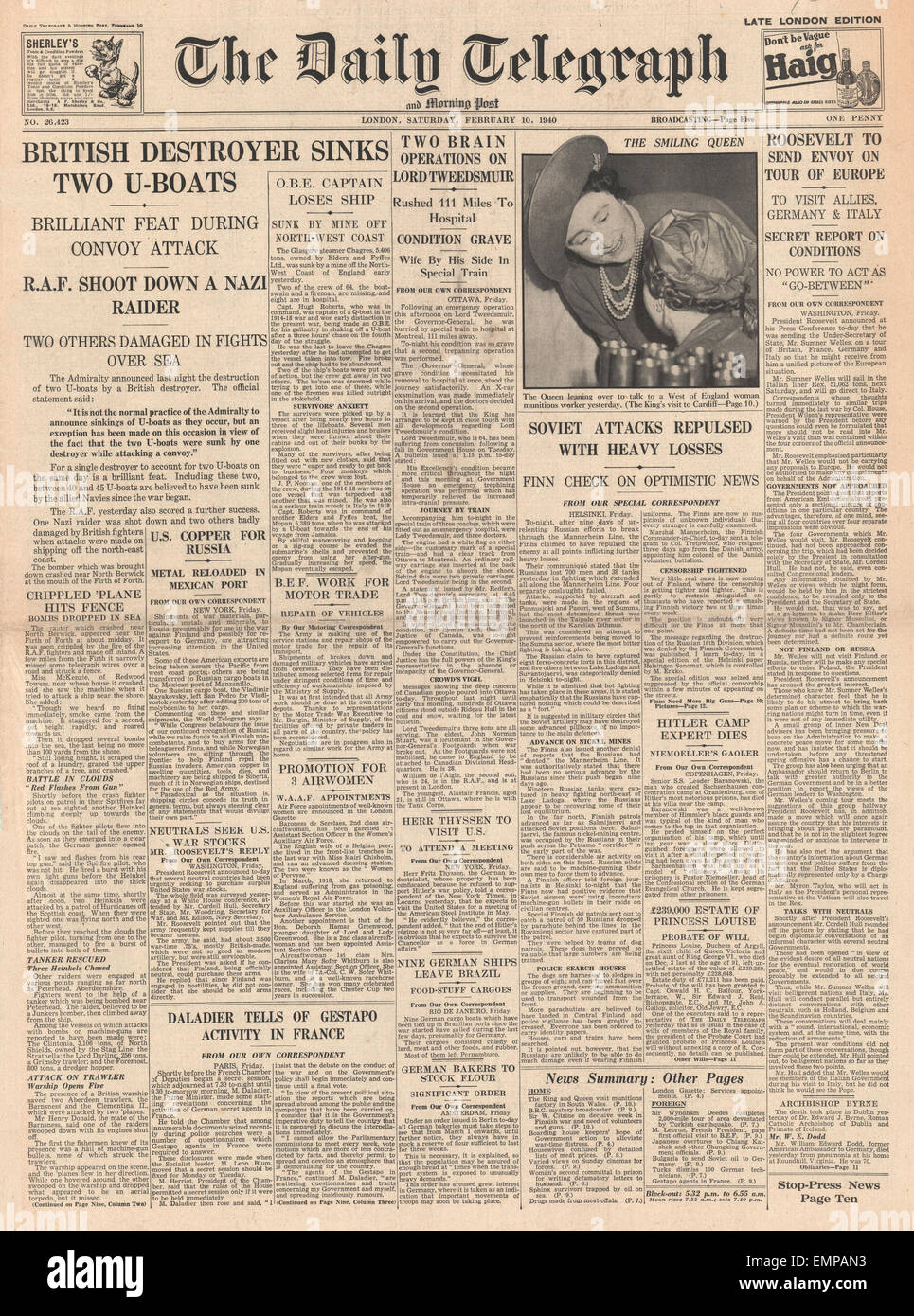1940 front page Daily Telegraph destroyer de la Marine royale deux ...