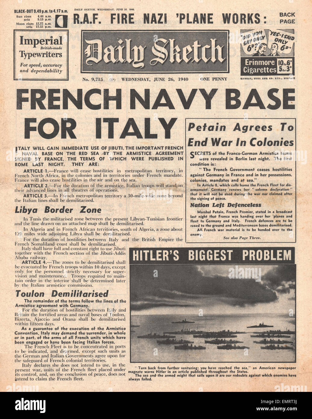 1940 front page Daily Sketch Italie Français gains base navale à Jibuti ...