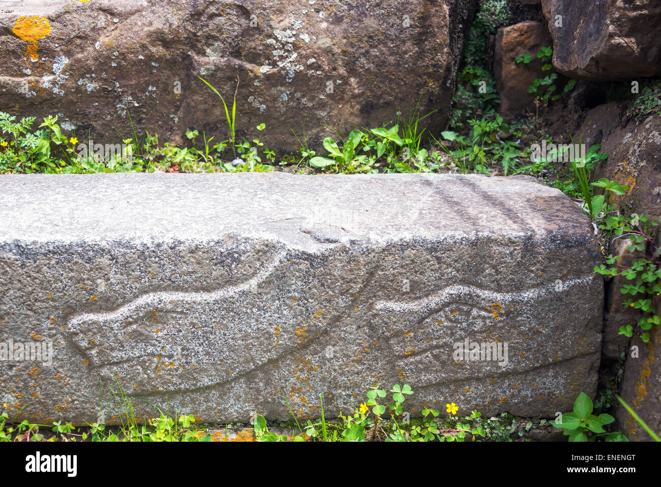 Serpents sculptés sur une étape à l'UNESCO World Heritage site de ...