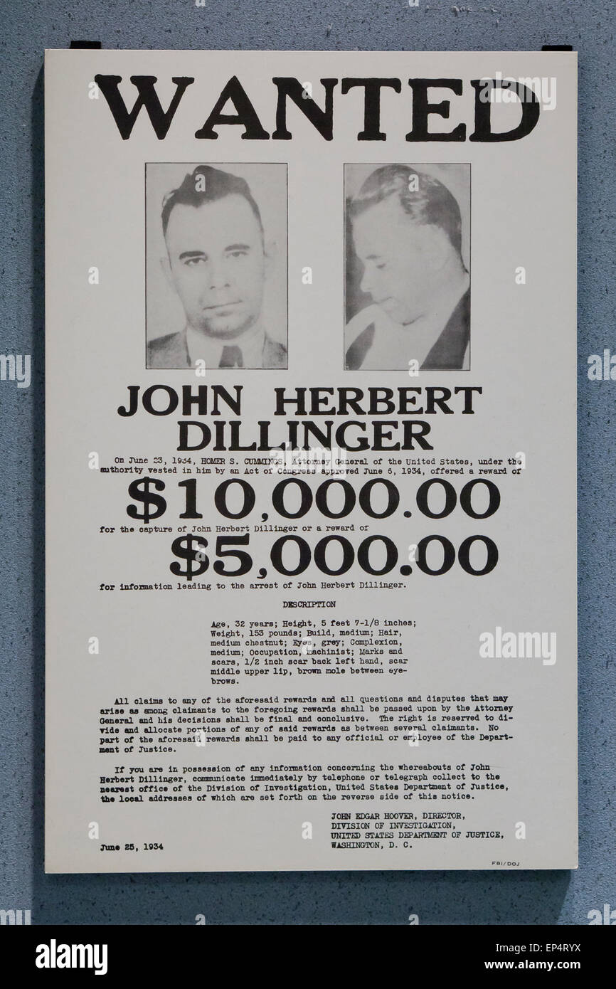 Avis de recherche du FBI de John Herbert Dillinger, circa 1934 - USA ... Avis de recherche du FBI de John Herbert Dillinger, circa 1934 - USA ...