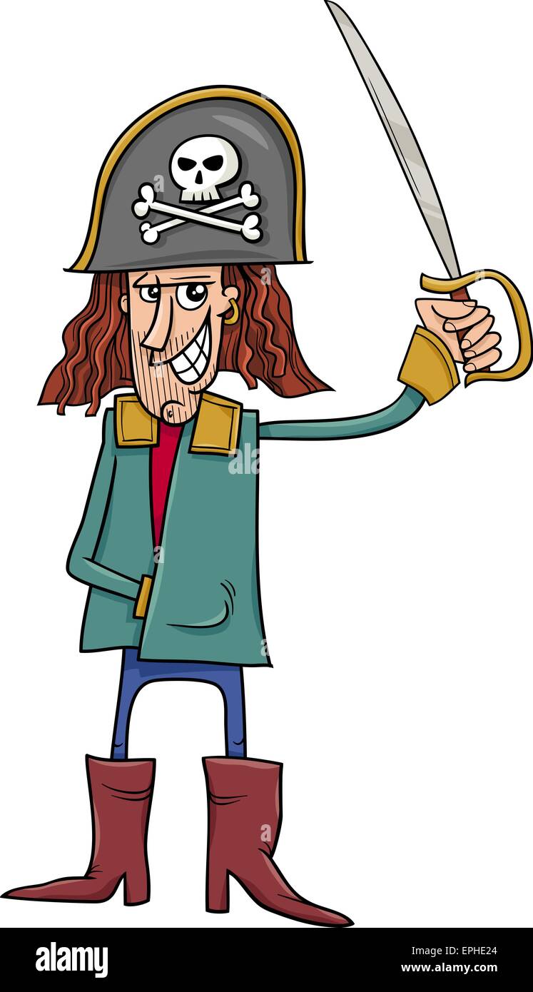 Cartoon illustration du capitaine pirate drôle avec épée et Jolly Roger ...