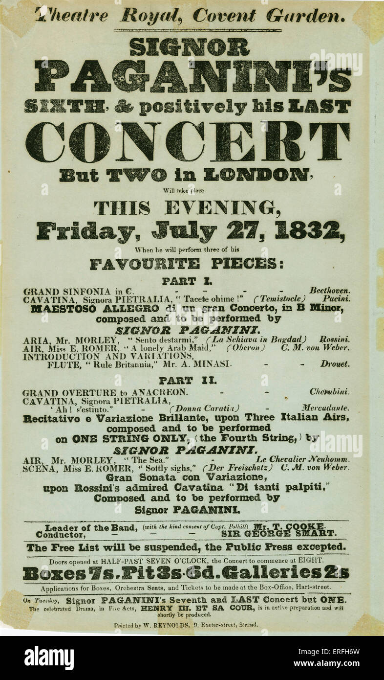 Niccolo Paganini - playbill, affiche pour le violoniste et compositeur ...