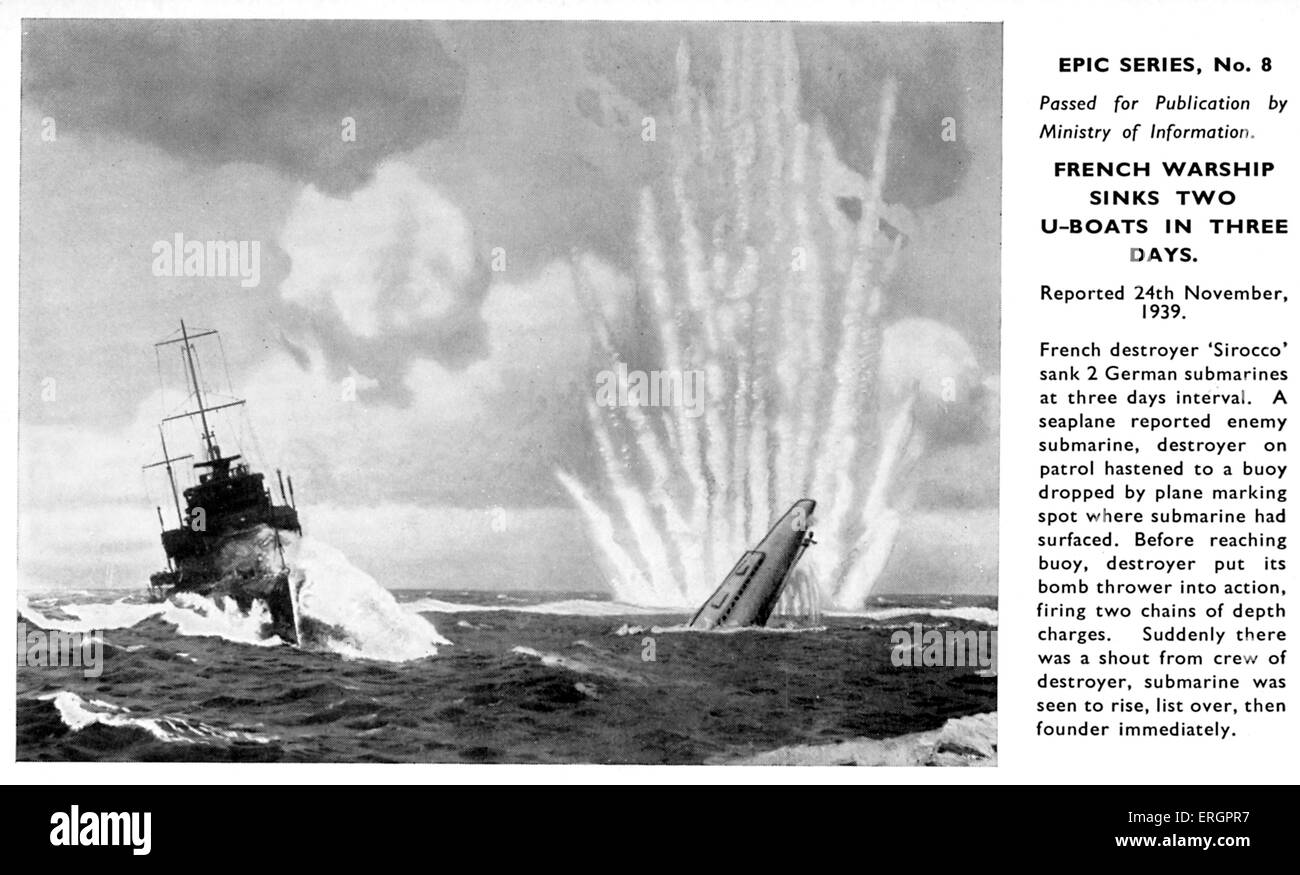 WW2 - La guerre sur mer. La frégate française 'Sirocco' bombs un sous ...