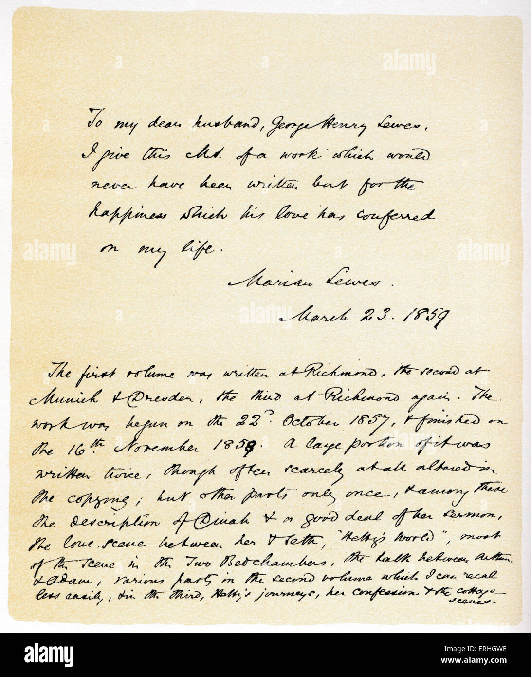 George Eliot, dévouement à Adam Bede manuscrite datée du 23 mars 1859 ...