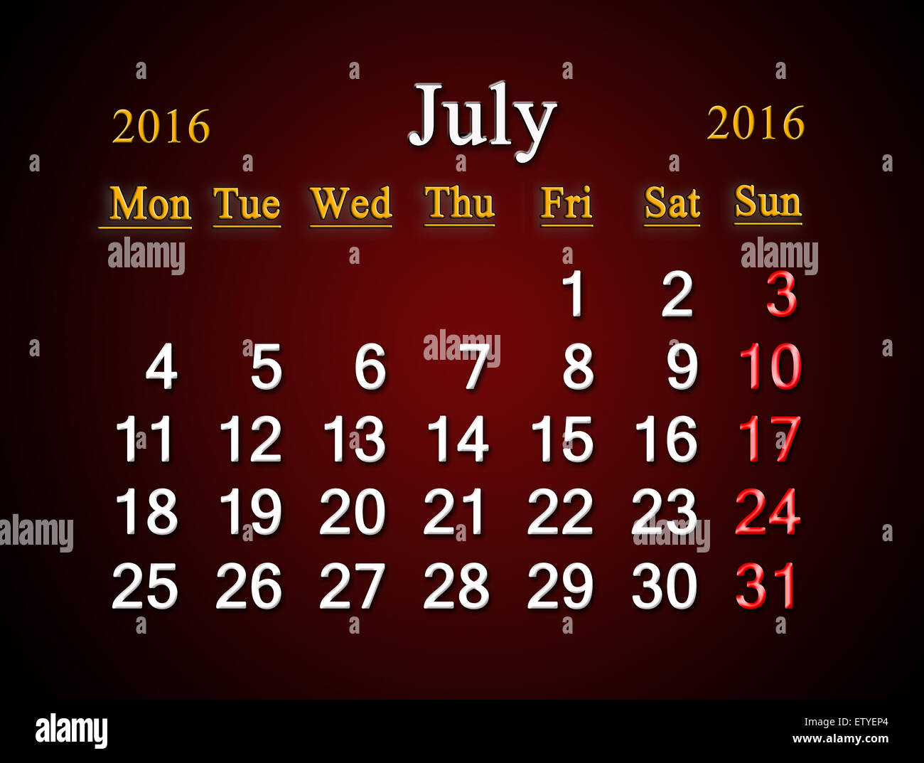 Belle claret sur calendrier de juillet 2016. Calendrier pour l ...