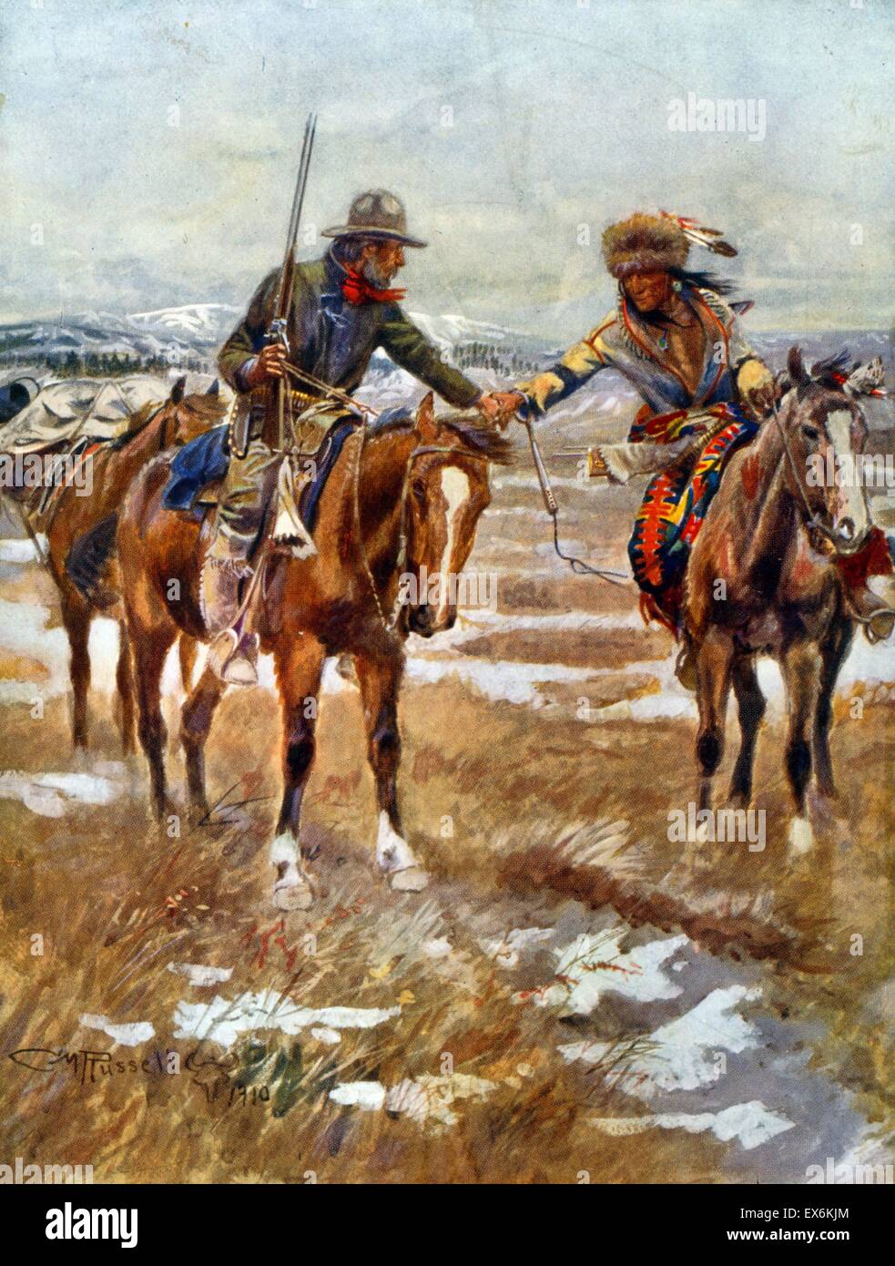 Tableau représentant la rencontre d'Américains et Native American men ...