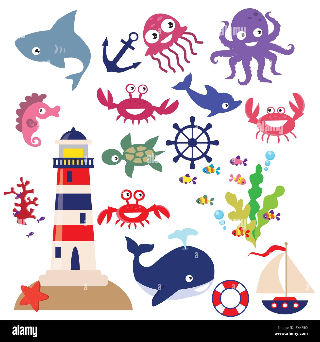 Animaux de la mer, la mer,cheval,méduses,crabe,vector cartoon ...