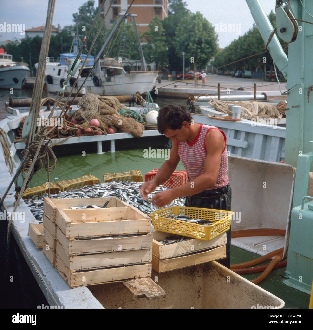 Fischer im Hafen von Rimini, Italie Années 1980 er Jahre. Les pêcheurs ...