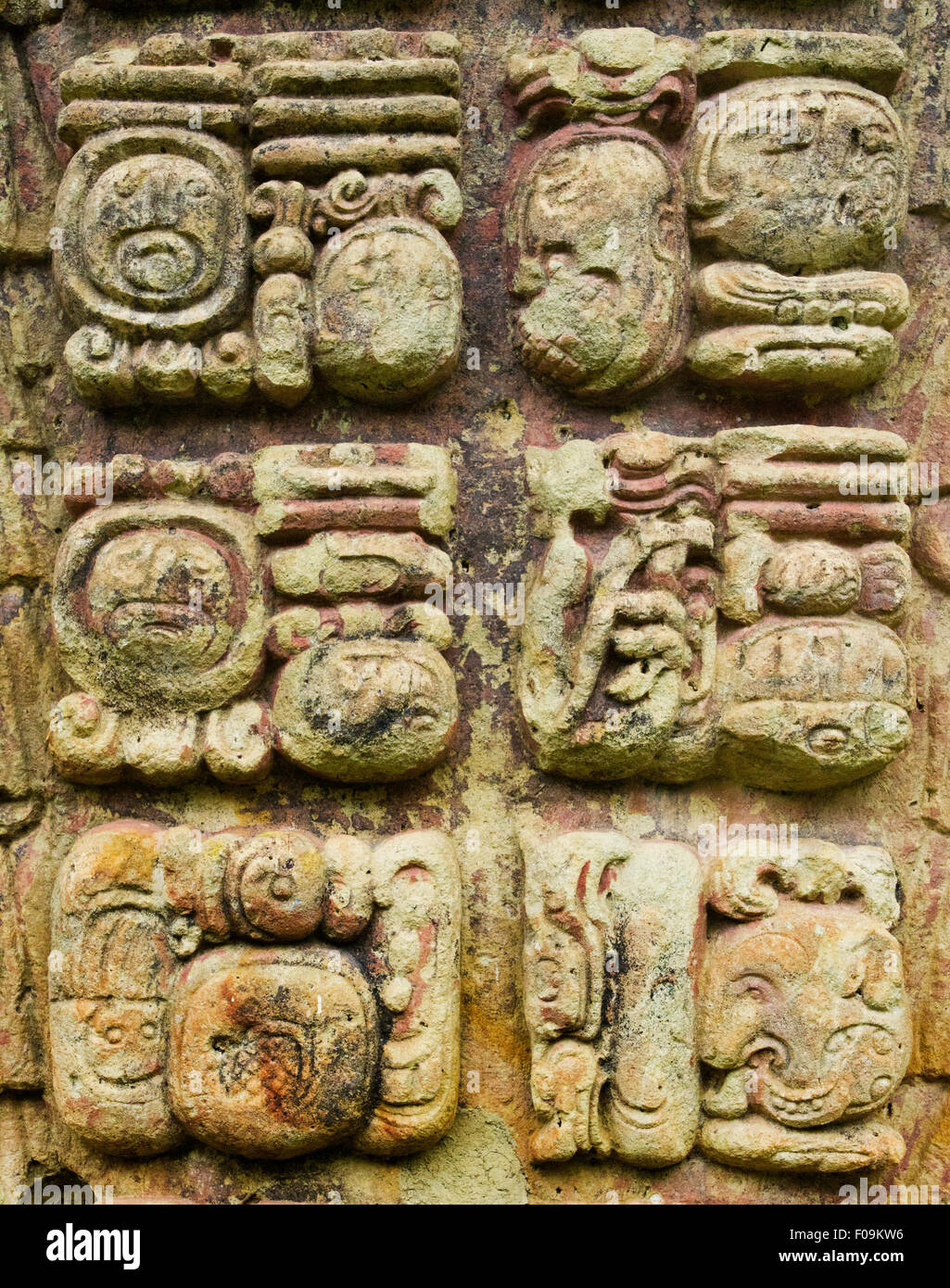 L'écriture hiéroglyphique maya icônes dans une pierre stalae dans Copan ...