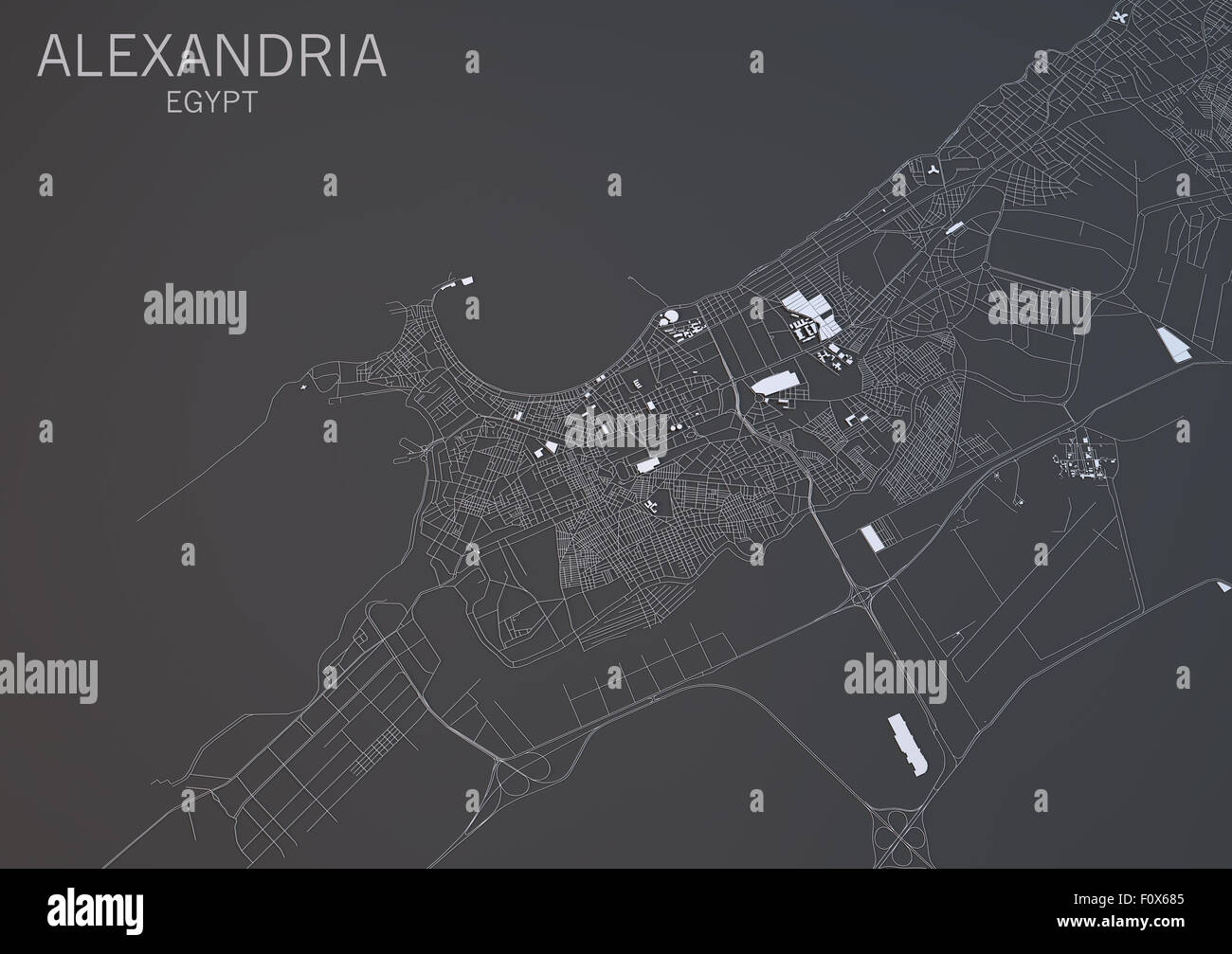 Plan d'Alexandrie, Egypte , la vue satellite carte en 3d. Le noir et ...
