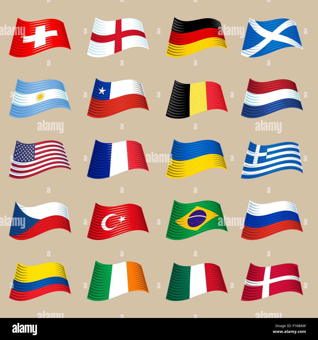 Drapeaux des pays différents. Drapeaux flottant isolé sur fond clair ...