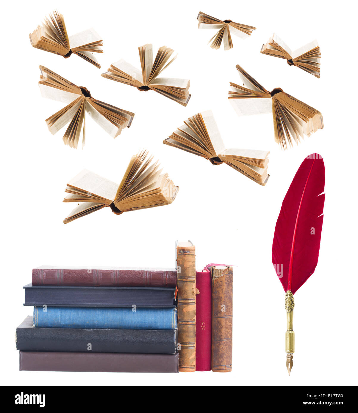 Pile de livres ouvert avec plume Banque de photographies et d’images à ...