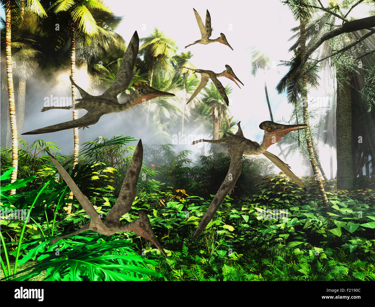 Un troupeau de dinosaures reptiles Pterodactylus survoler la jungle à ...