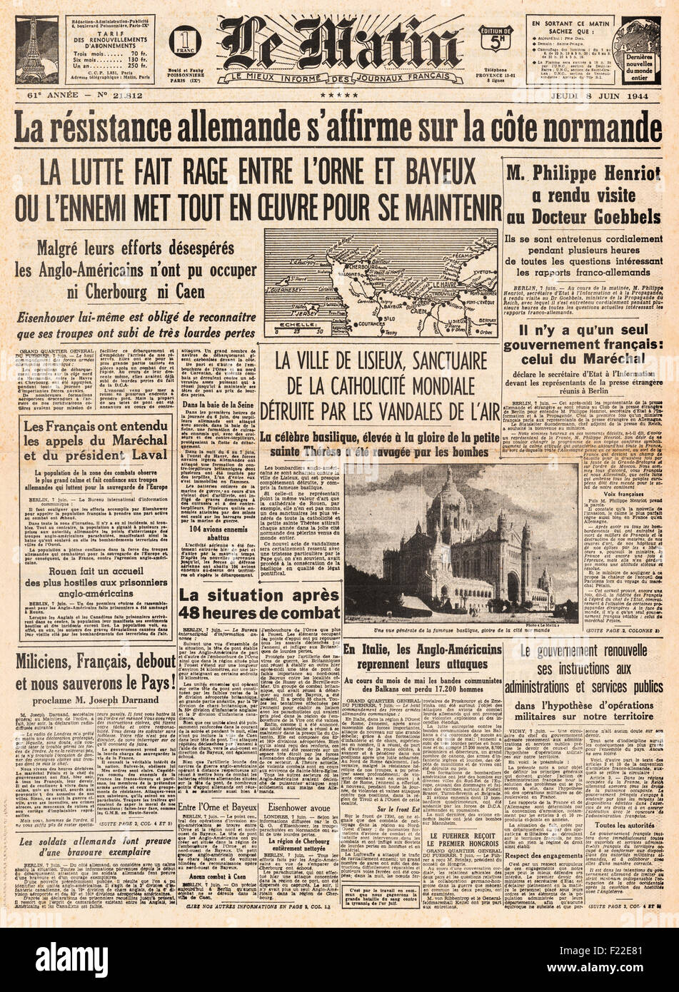 1944 Le Matin (France) front page lourd rapport résistance allemande ...