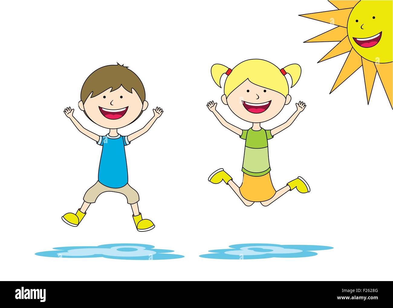 Deux enfants sauter dans une flaque d'eau Image Vectorielle Stock - Alamy