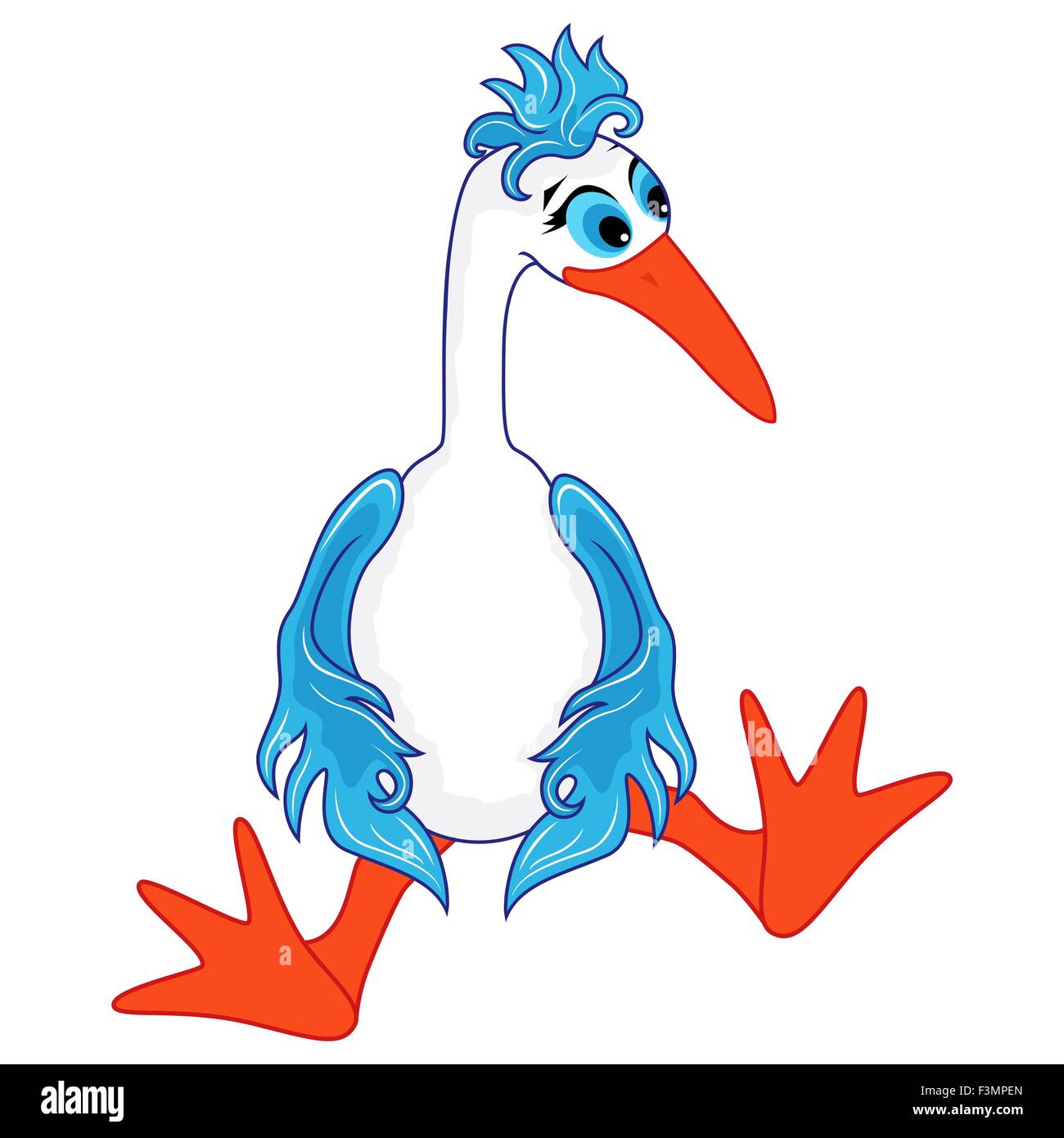 Funny cartoon stork assis avec lassitude, dessin à la main vector ...