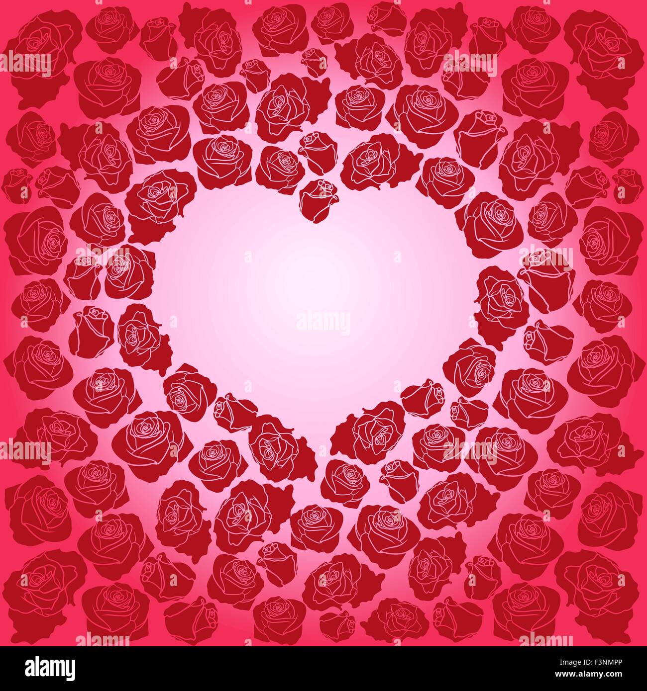 Coeur de roses rouge foncé sur un fond rose, dessin à la main ...