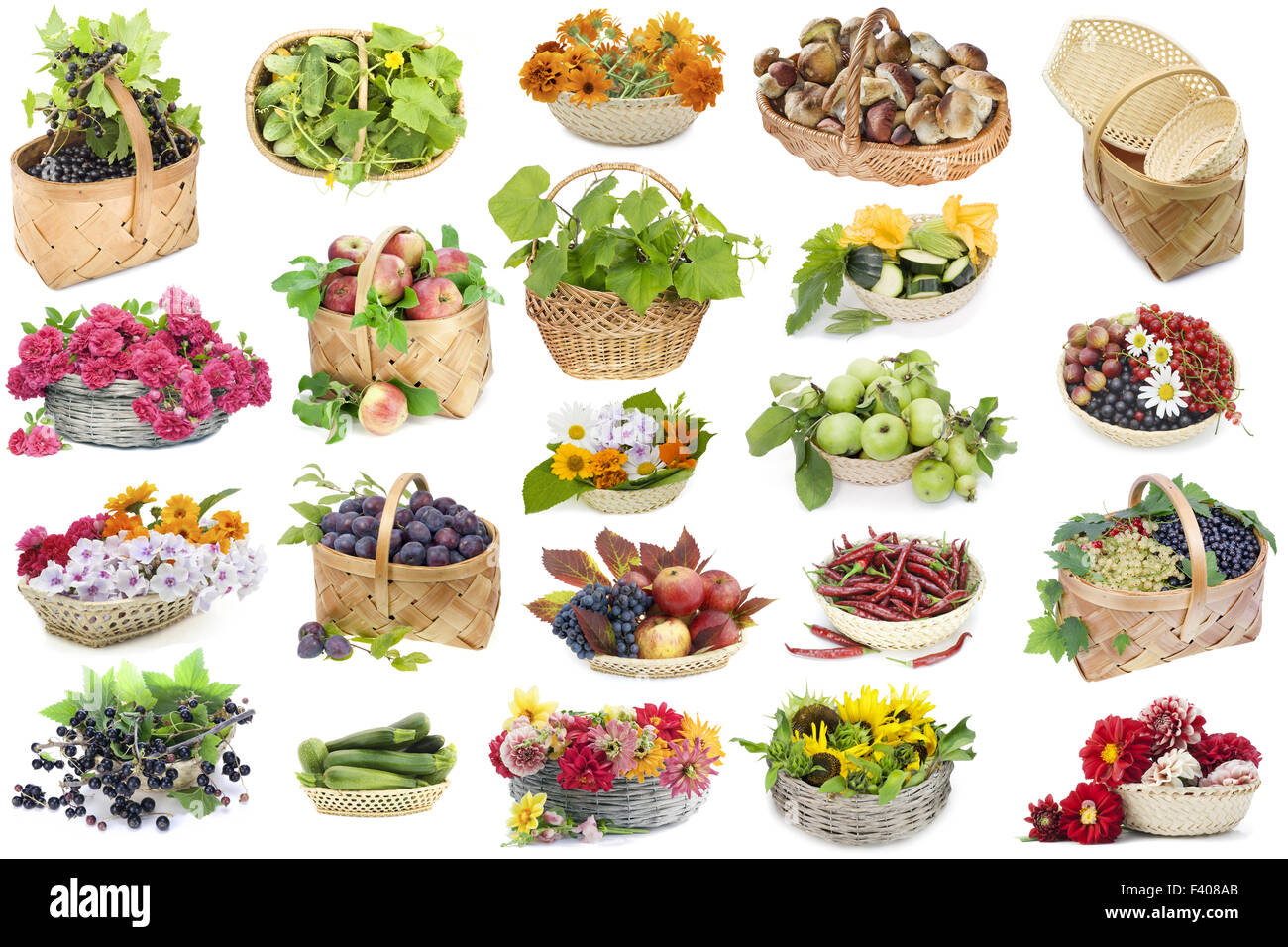 Fruits et fleurs dans un panier Photo Stock - Alamy