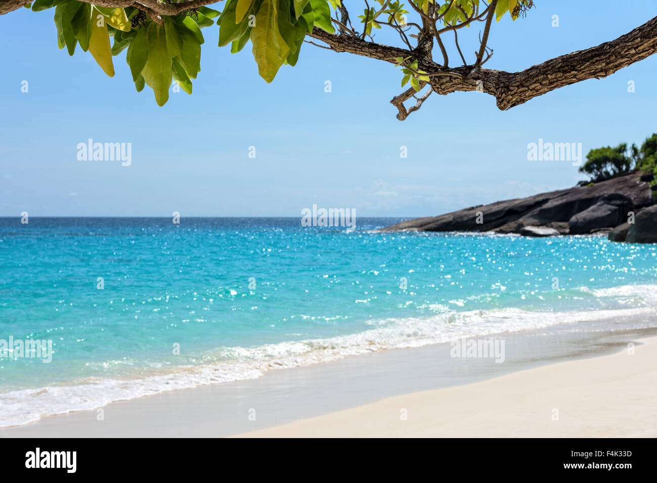 Beau paysage de mer sable ciel bleu et blanc des vagues sur la plage en ...