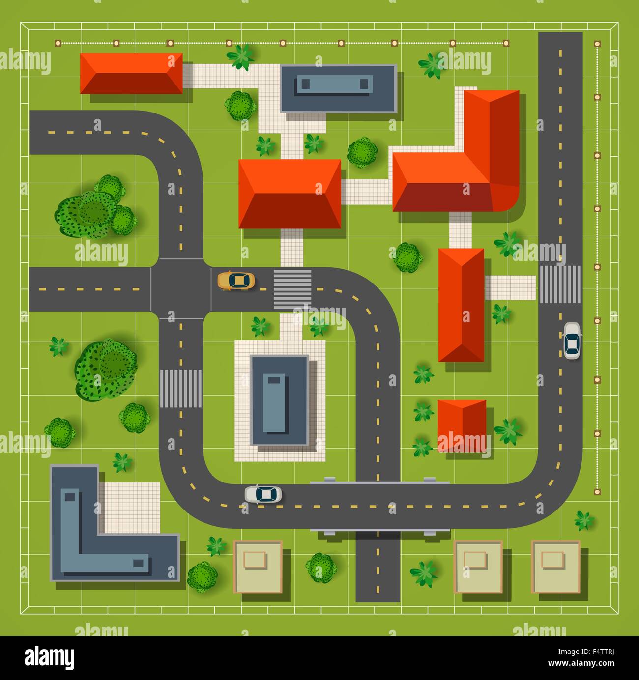 Carte d'une vue de dessus sur les toits, les rues de la ville, arbres ...