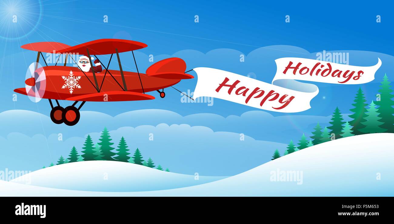 Le Père Noël dans l'avion avec des bannières de bonnes vacances ...