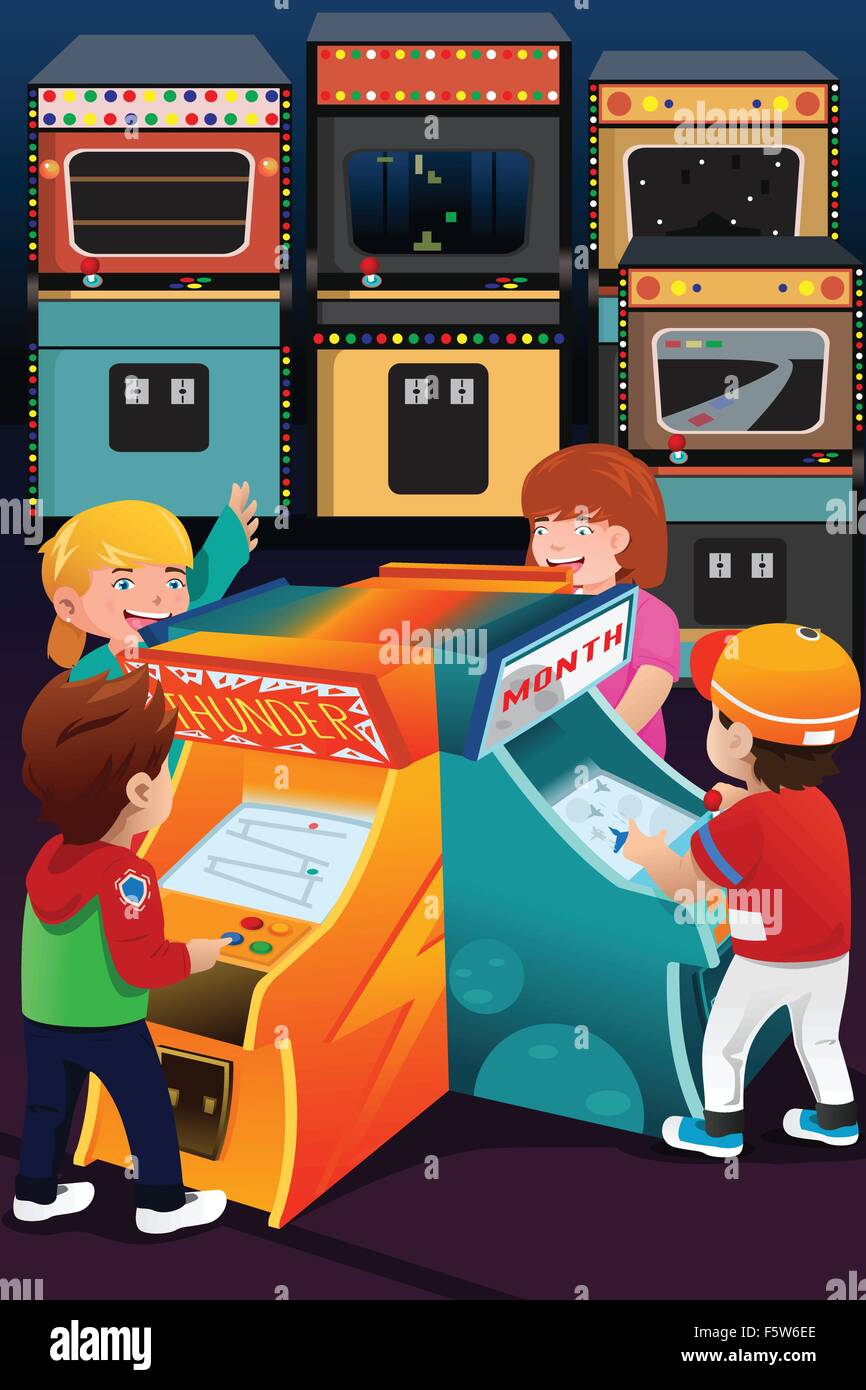 Un vecteur illustration d'enfants qui jouent des jeux d'arcade Image ...