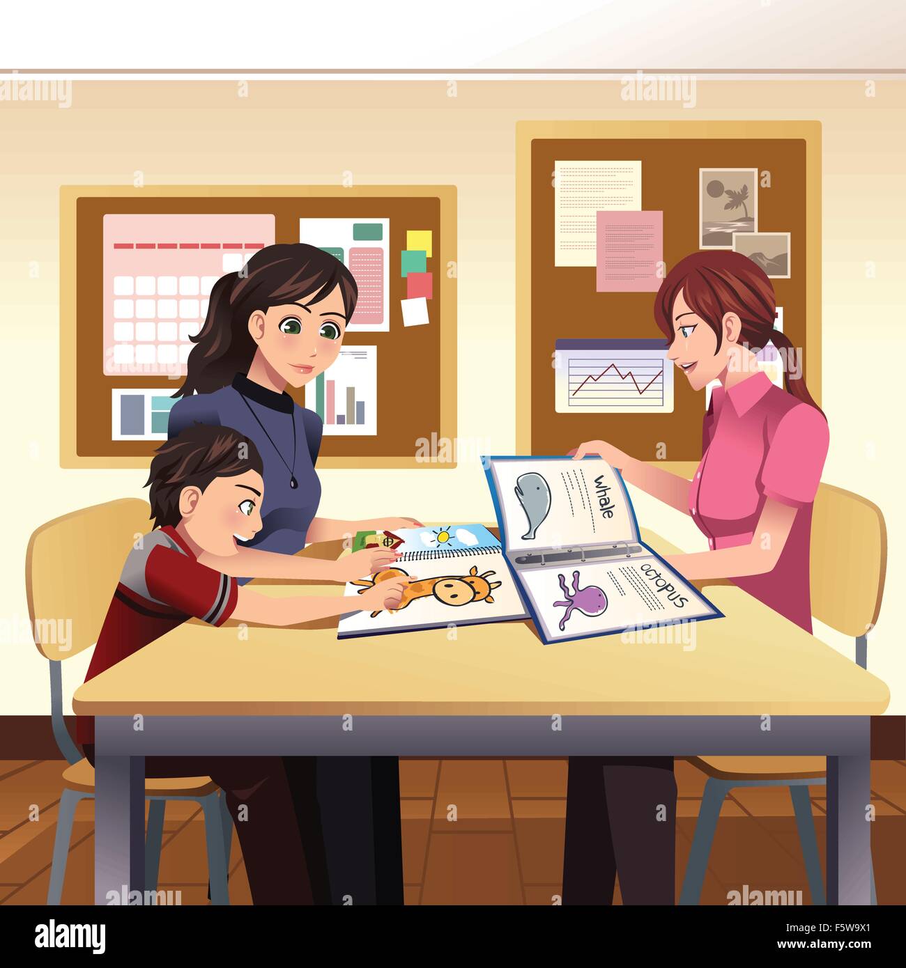 Un vecteur illustration de parents et enseignant réunion à discuter en ...