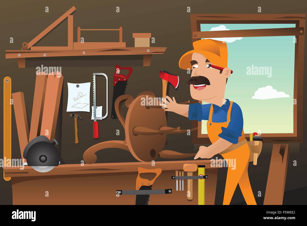 Un vecteur illustration de menuisier travaillant prendre une chaire à l ...
