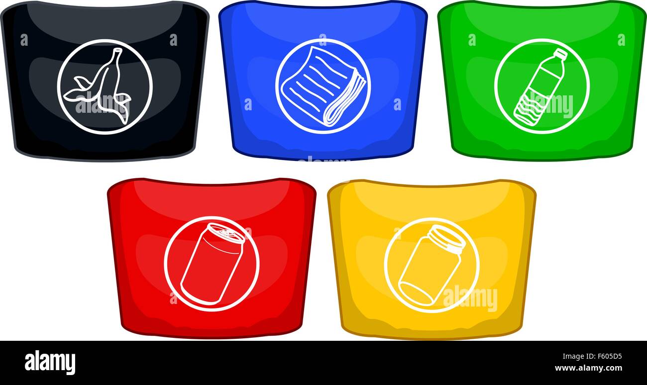 Vector illustration jeu de 5 poubelles différentes avec logo pour le ...