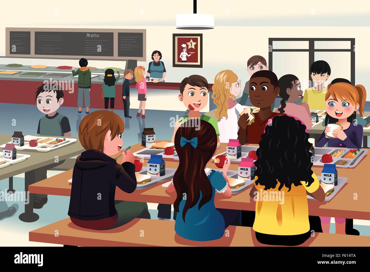 Un vecteur illustration d'enfants mangeant à la cantine de l'école ...