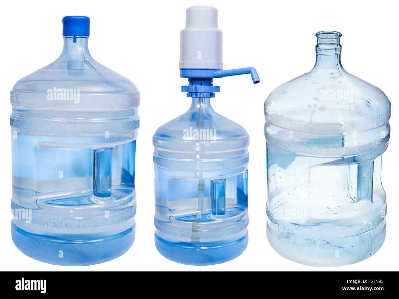 Plein, vide et fermé par pompe manuelle 19 litres d'eau potable bouteilles isolé sur fond blanc ...