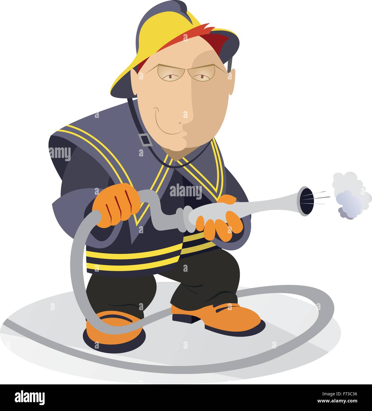 Cartoon illustration pompier courageux. Smiling fireman avec le tuyau d ...