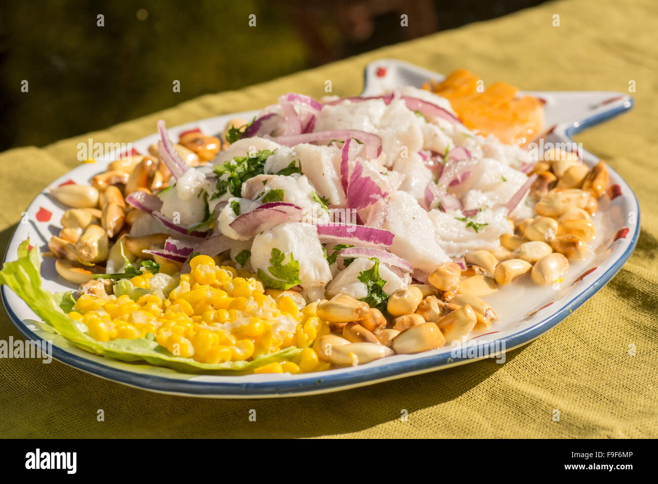 Péruvien typique plat de poisson ceviche avec maïs et maïs grillé Photo ...