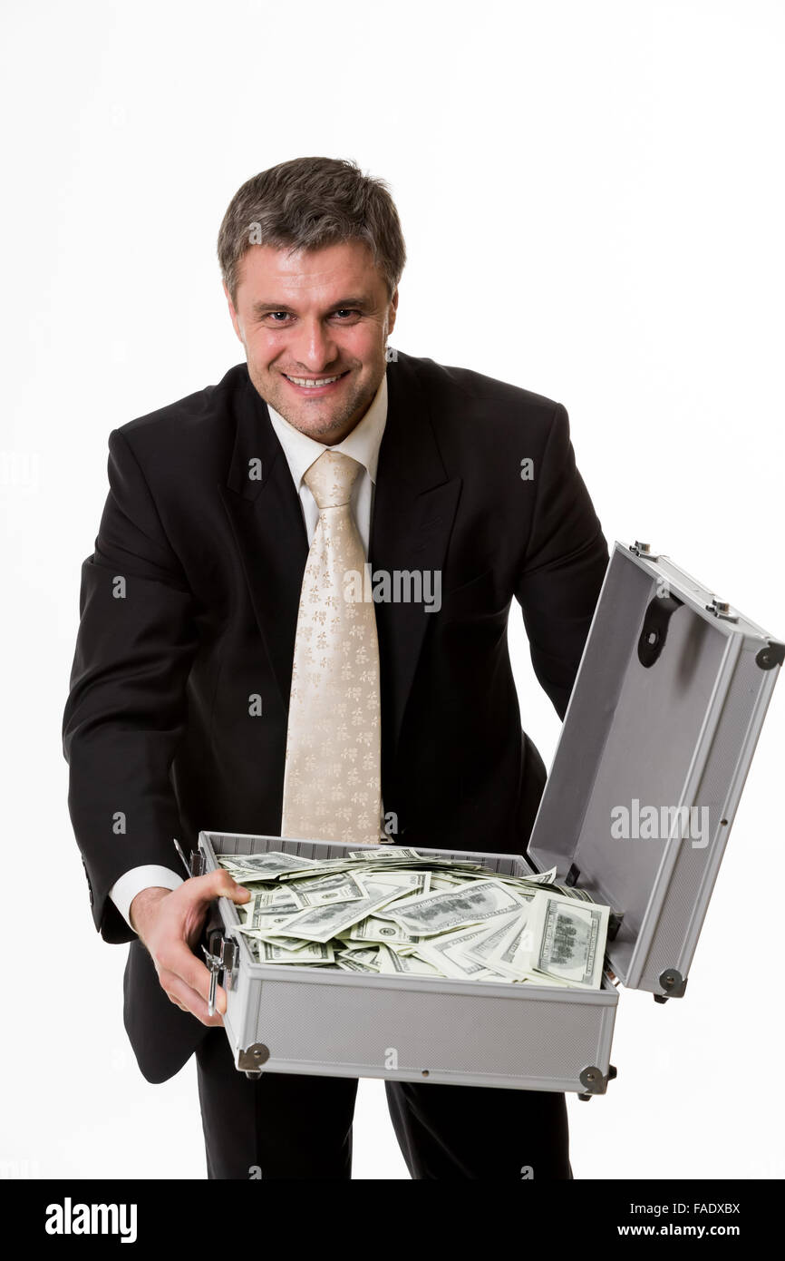 Homme avec valise pleine d'argent. Heureux patron avec une valise pleine de dollars Photo Stock ...
