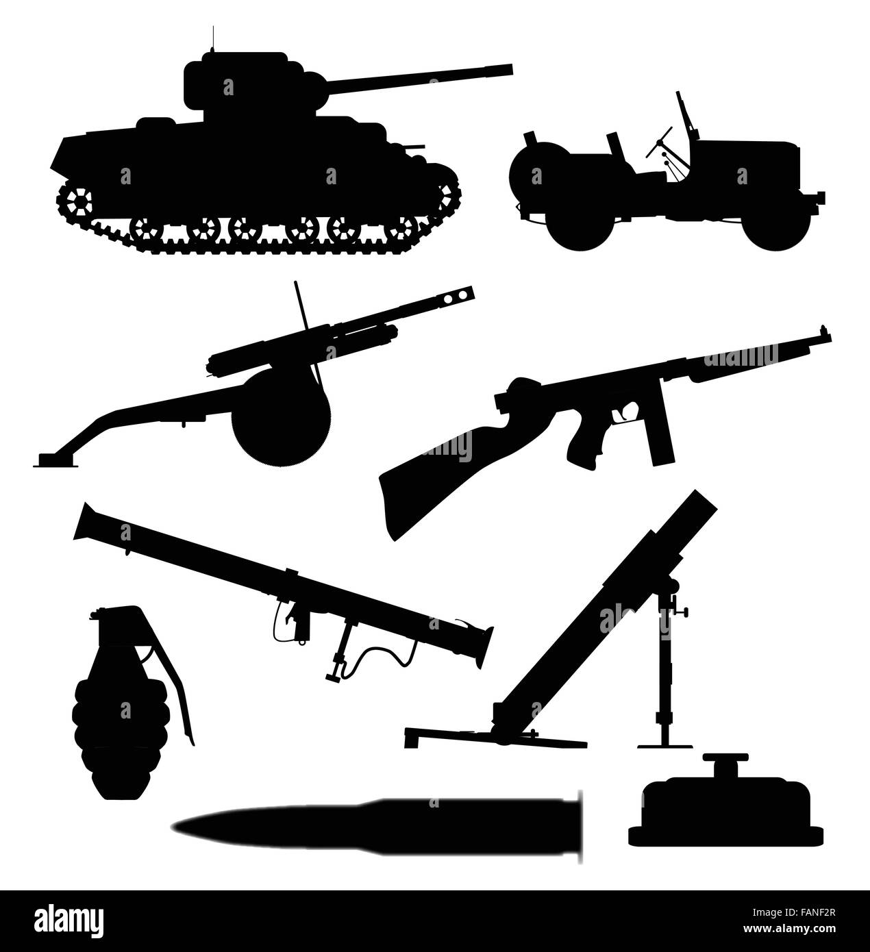 Une collection d'armes de guerre typique en silhouette sur un fond ...