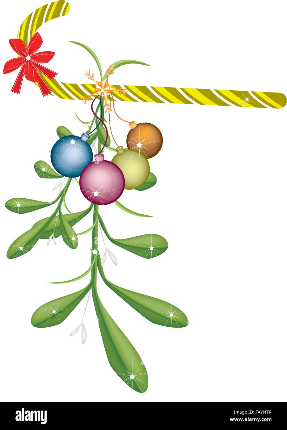 Bouquet de gui et des boules de Noël avec un ruban rouge de Noël et ...