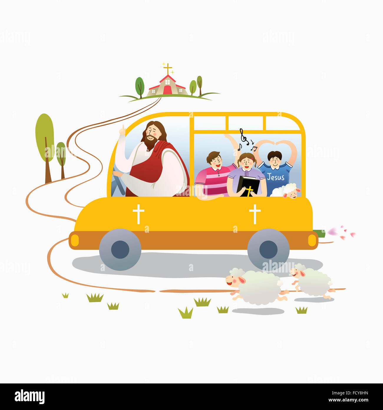 Jésus Christ conduire un autobus et les gens sur le bus d'être heureux ...