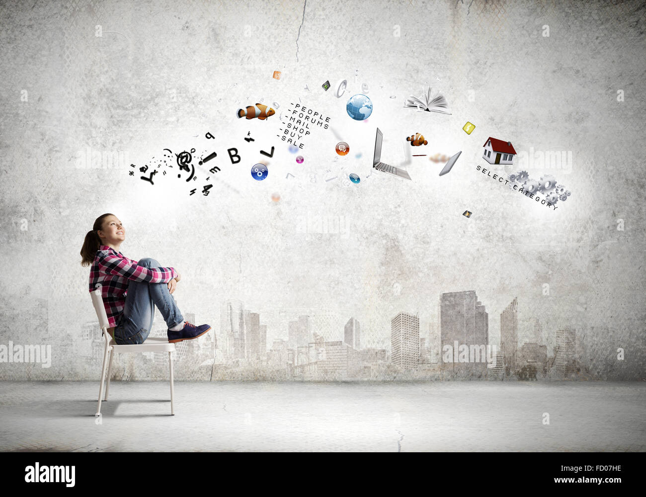 Jeune fille assise sur une chaise avec vol au-dessus de l'icône Photo Stock - Alamy