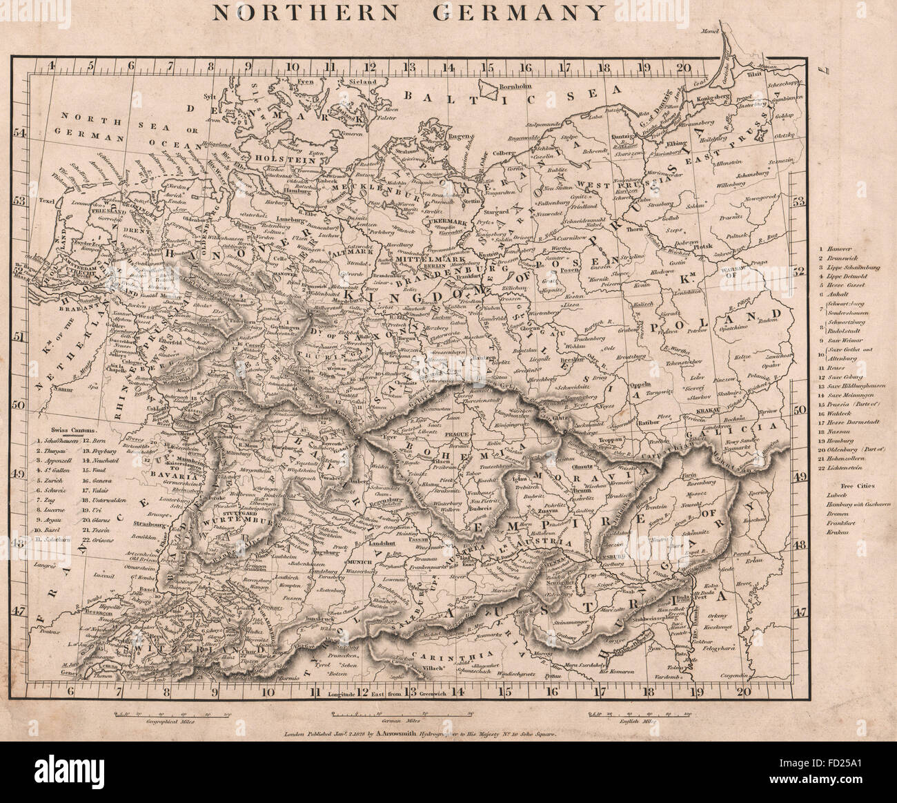 Le nord de l'ALLEMAGNE : Membres. Villes libres. La Suisse l'Autriche ...