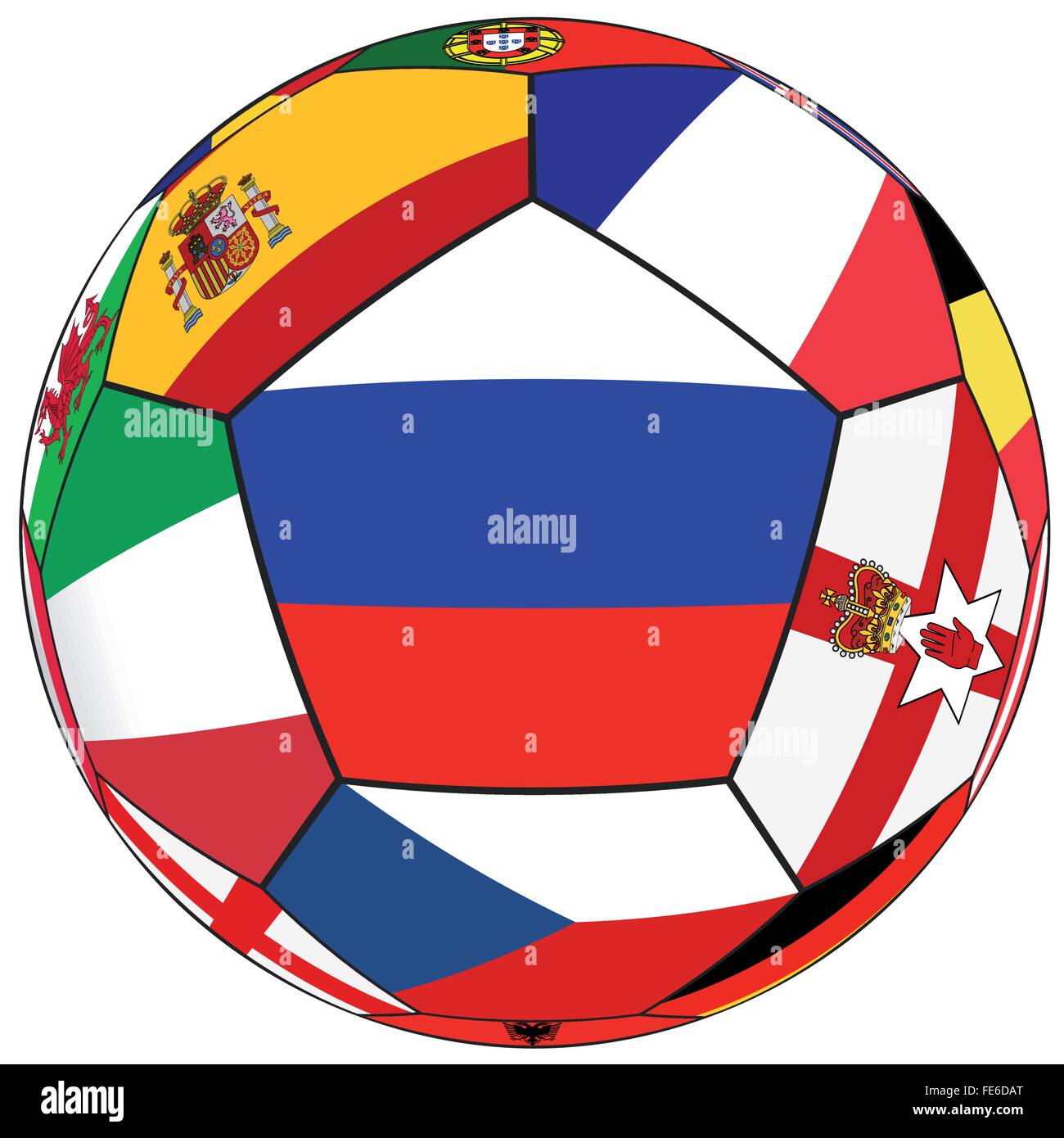 Ballon de soccer sur un fond blanc avec des drapeaux des pays européens ...