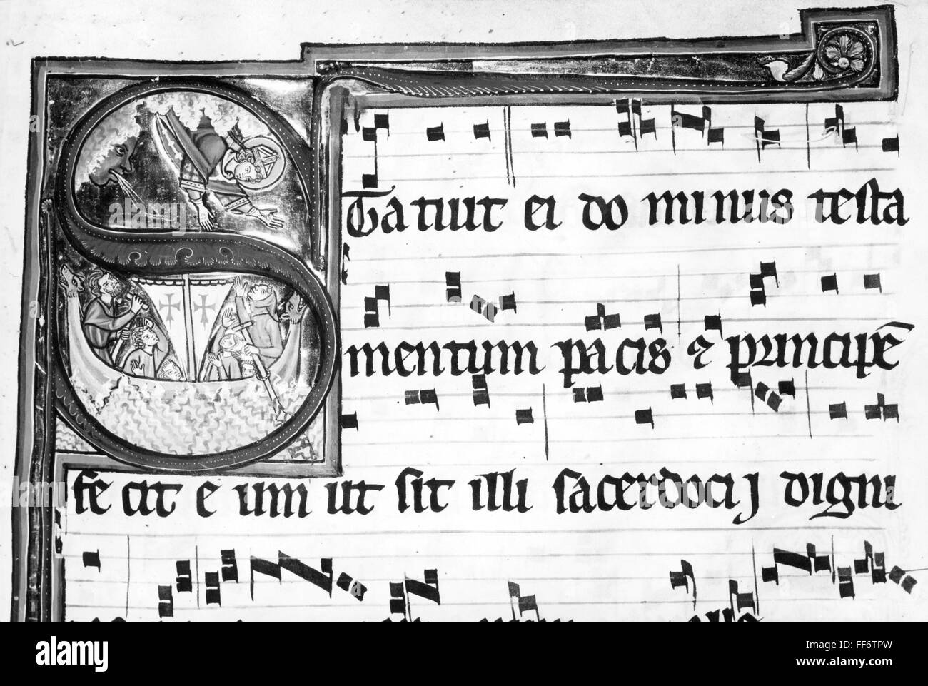 Musique, notes, neume, page d'un missal avec neume à quatre lignes ...